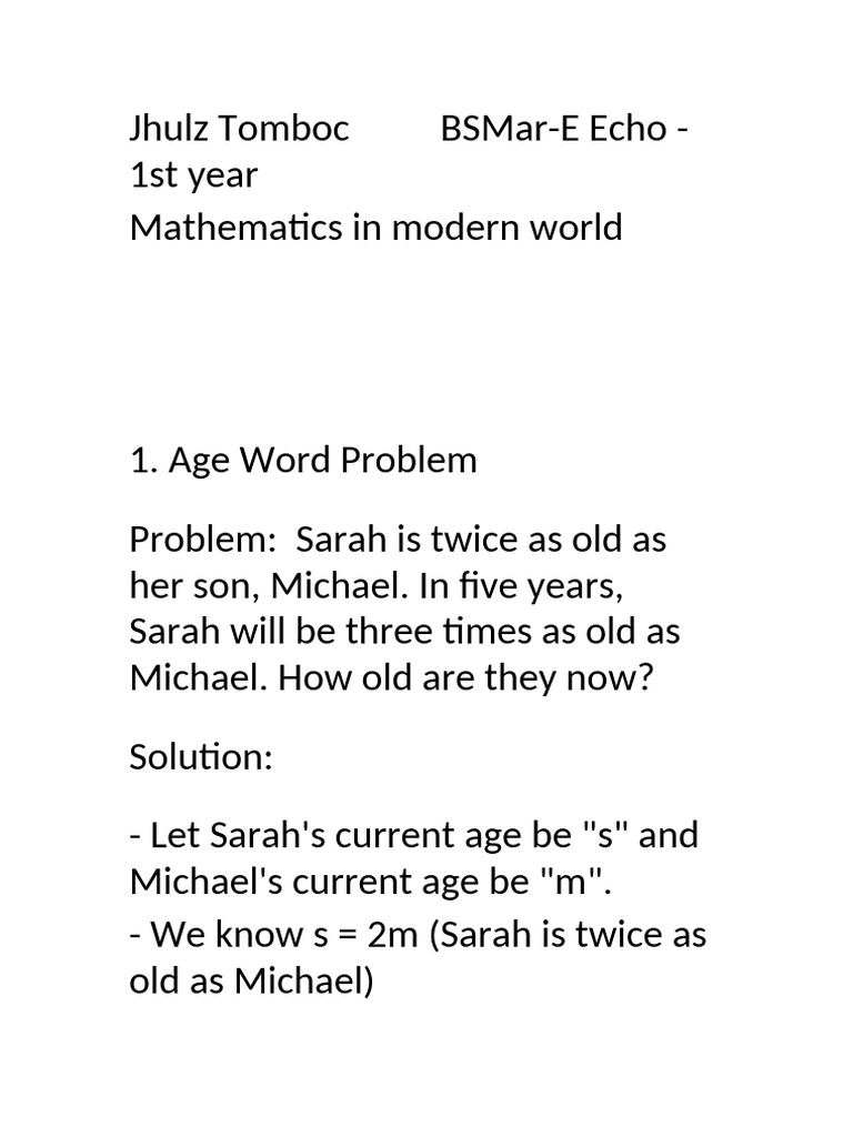 SOLVING: Age Word Problem/mixture Problem and Distance, Rate and Time ...