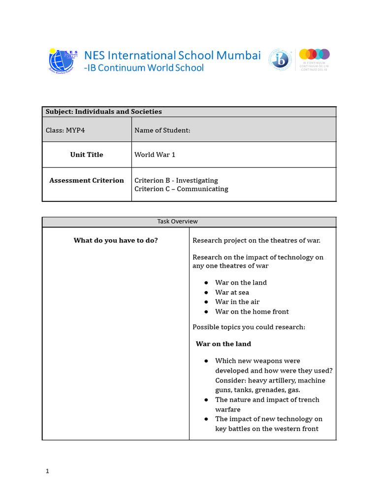 MYP4 WWI Research Project | PDF | Information | World War I