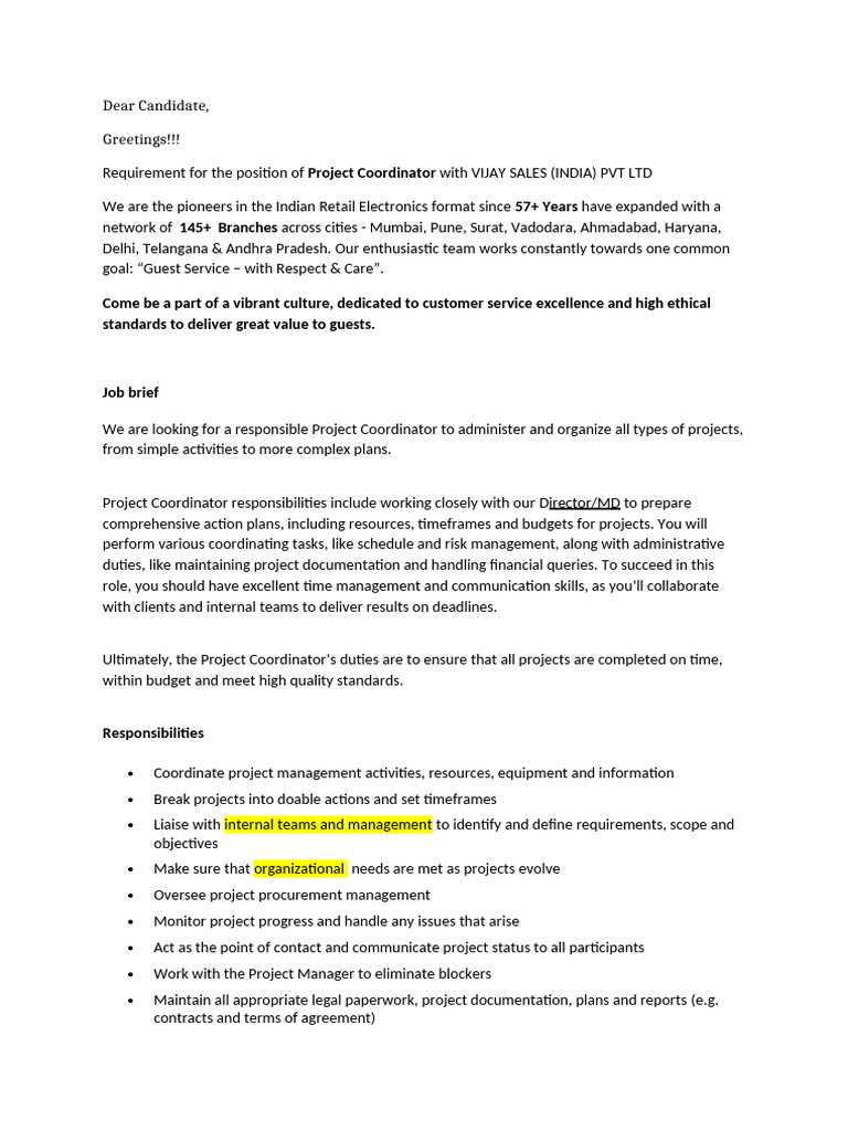 JD Project Coordinator | PDF | Project Management | Business