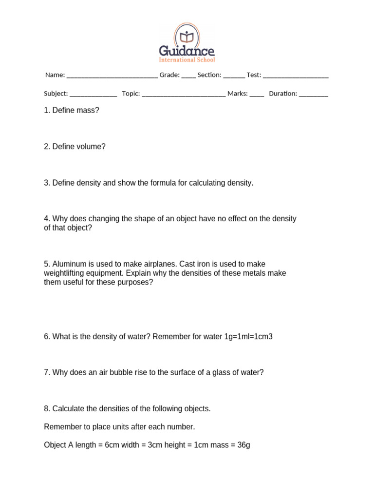 Grade 7 Physics Density WS 2 | PDF | Density | Volume