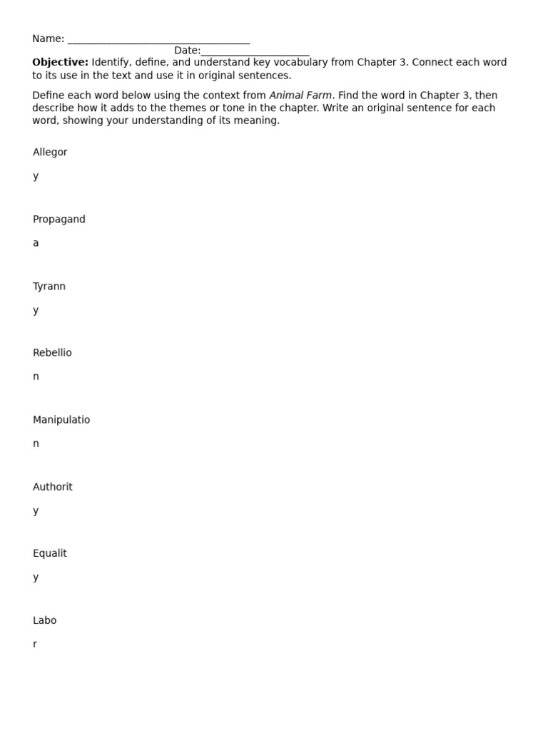 12th Grade Animal Farm Week 3 Worksheets | PDF | Chapters And Verses Of ...