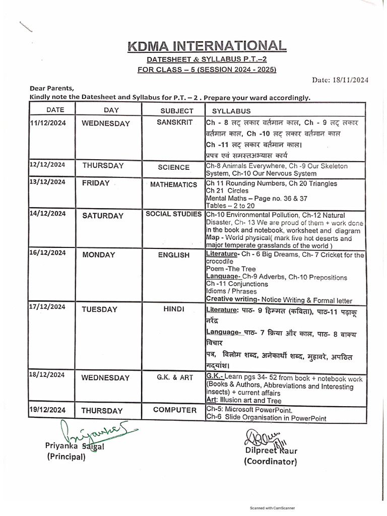 Date Sheet & Syllabus For PT-2 Class-V | PDF