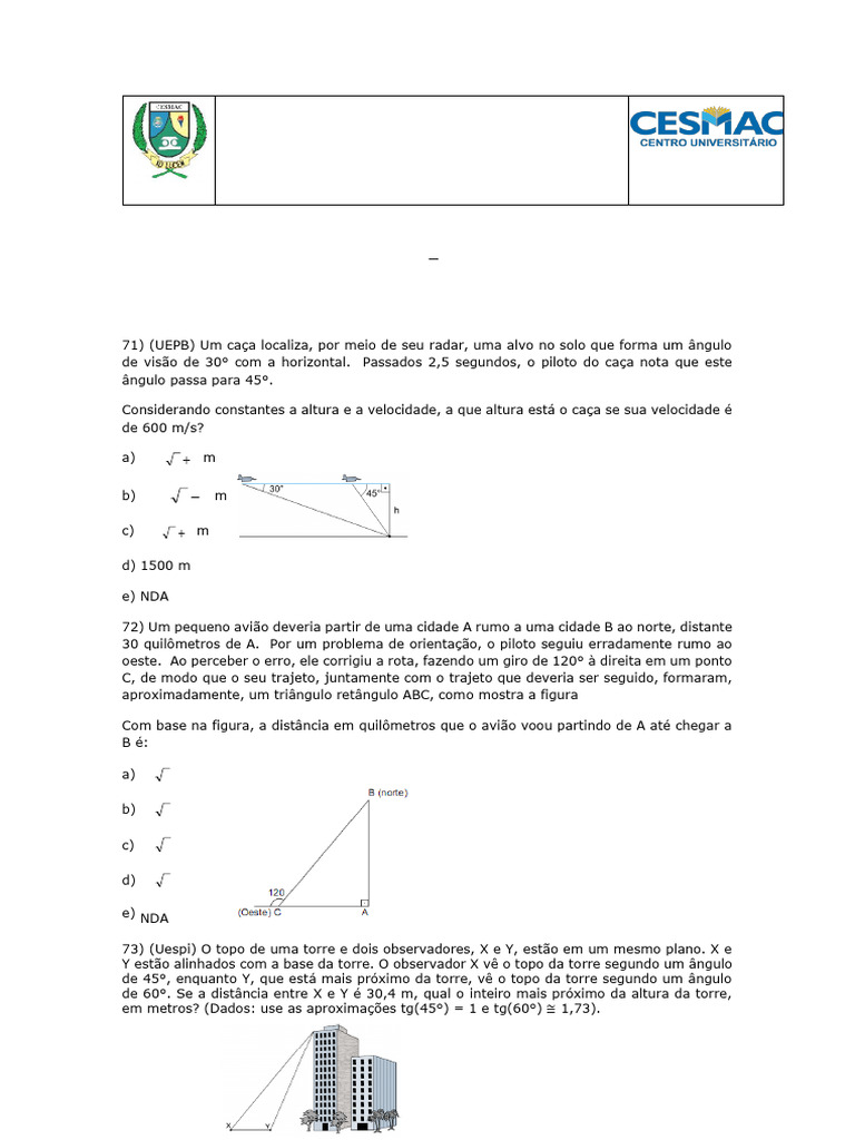 Exercícios de Trigonometria em Triângulos Retângulos | PDF | Triângulo