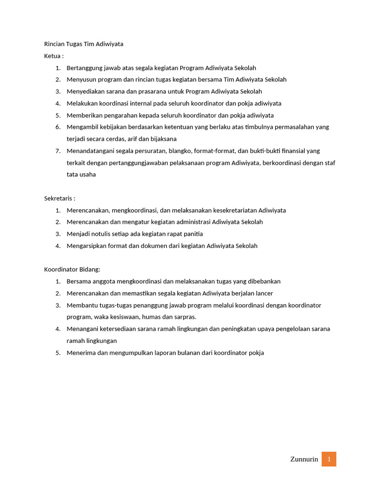 Rincian Tugas Tim Adiwiyata | PDF