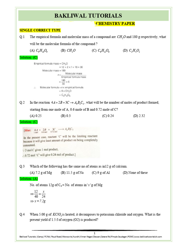 Solution - Mole Concept Practice Test 1 | PDF | Mole (Unit) | Gases