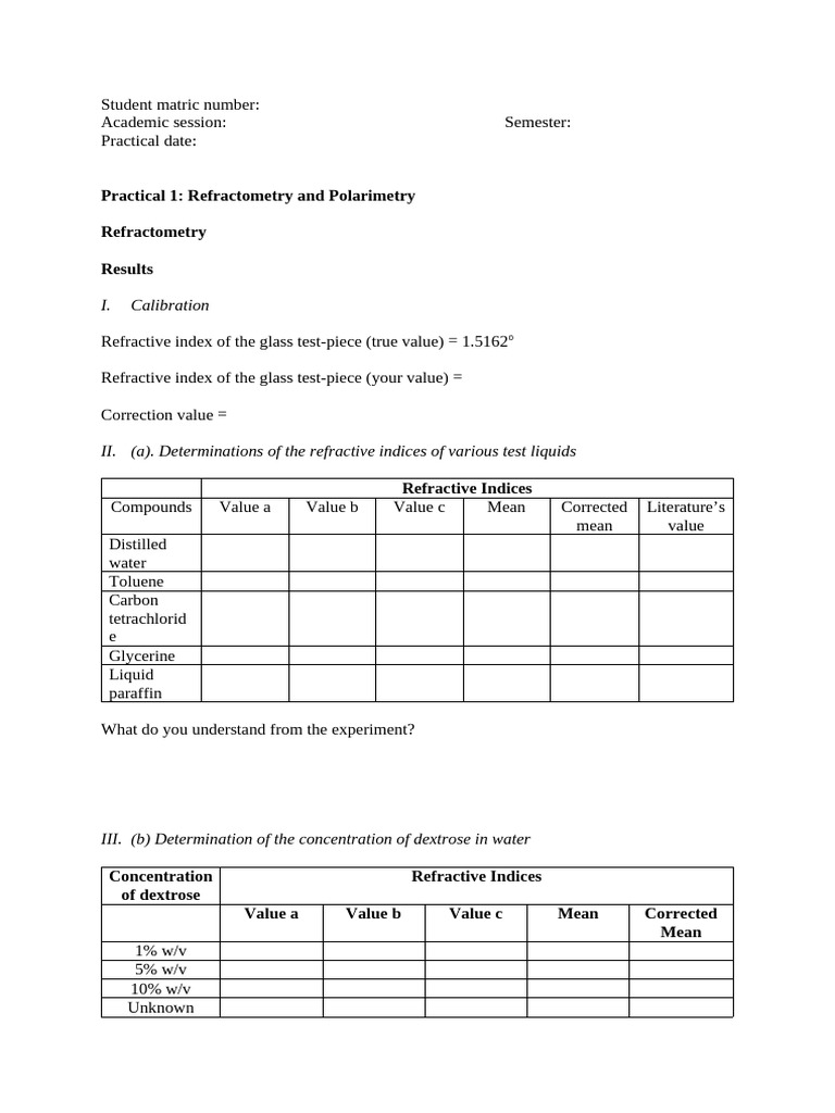 Refractometry and Polarimetry Lab Report | PDF | Science & Mathematics