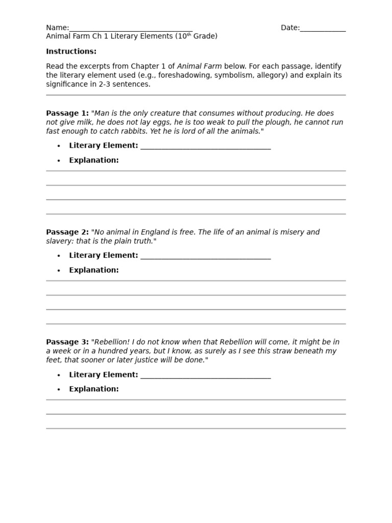 CH 1 Animal Farm Literary Elements Station | PDF
