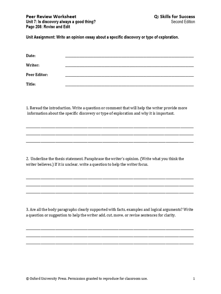 Peer Review Worksheet for Opinion Essays | PDF | Essays | Question