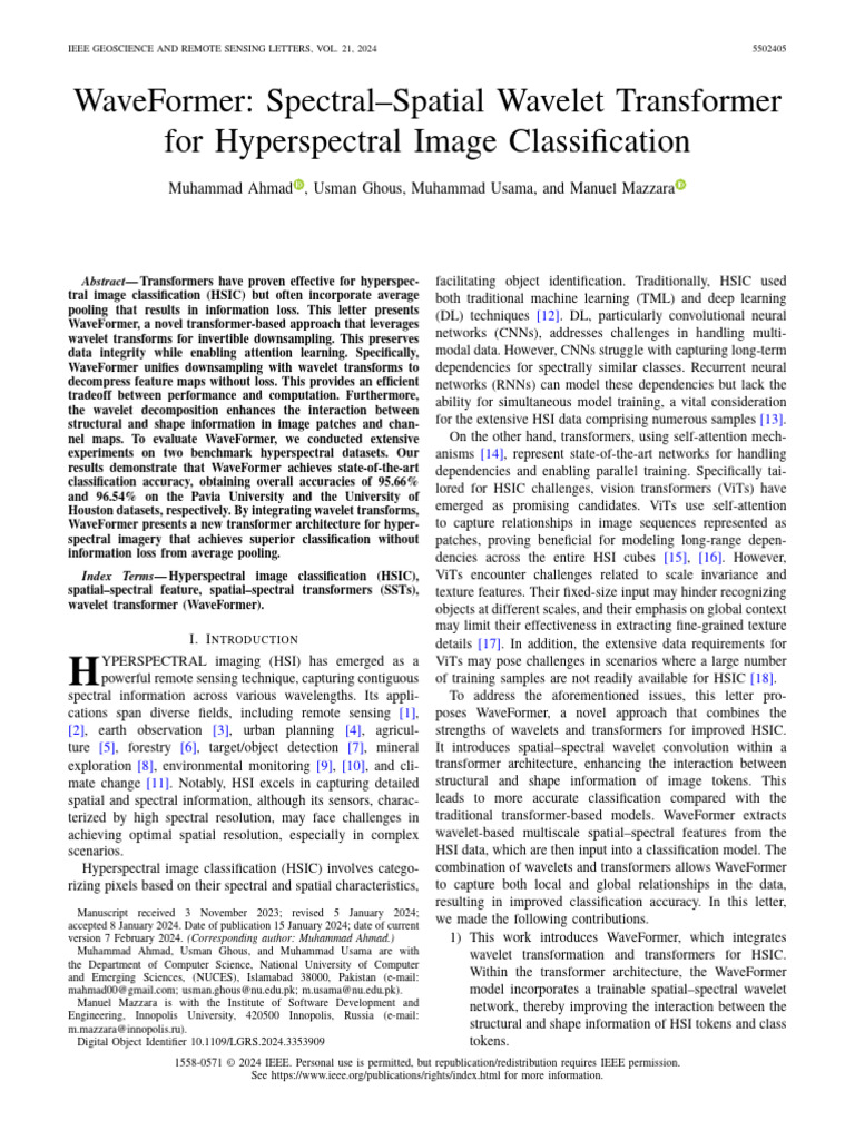 WaveFormer for Hyperspectral Imaging | PDF | Wavelet | Applied Mathematics
