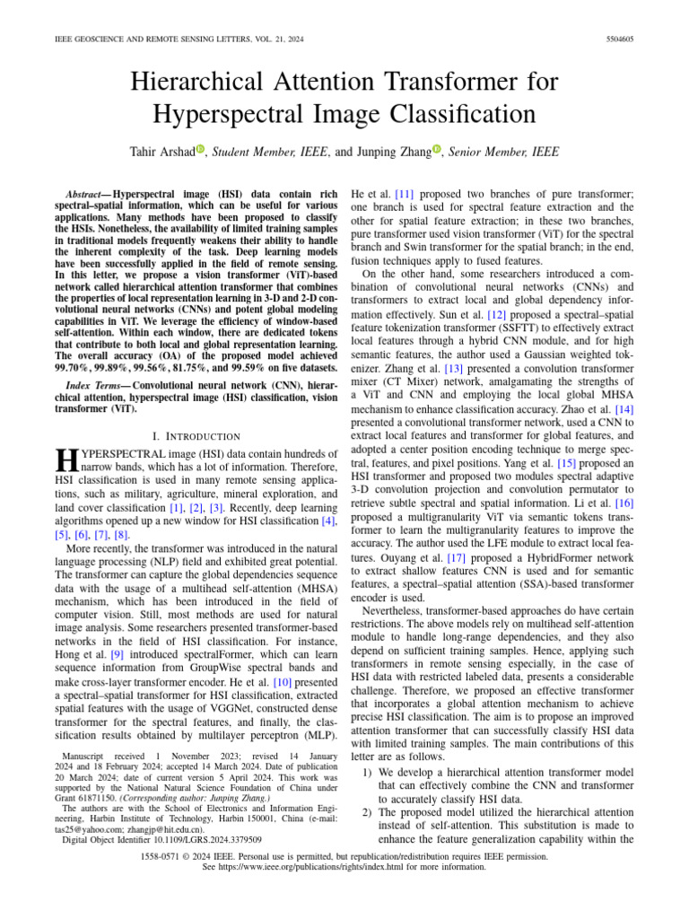Hierarchical Attention Transformer For Hyperspectral Image Classification Pdf Deep Learning