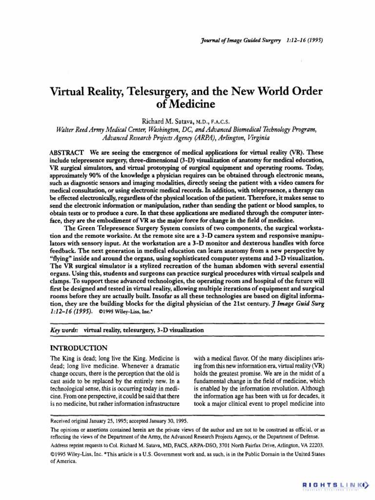 Virtual Reality, Telesurgery, and The New World Order of Medicine ...
