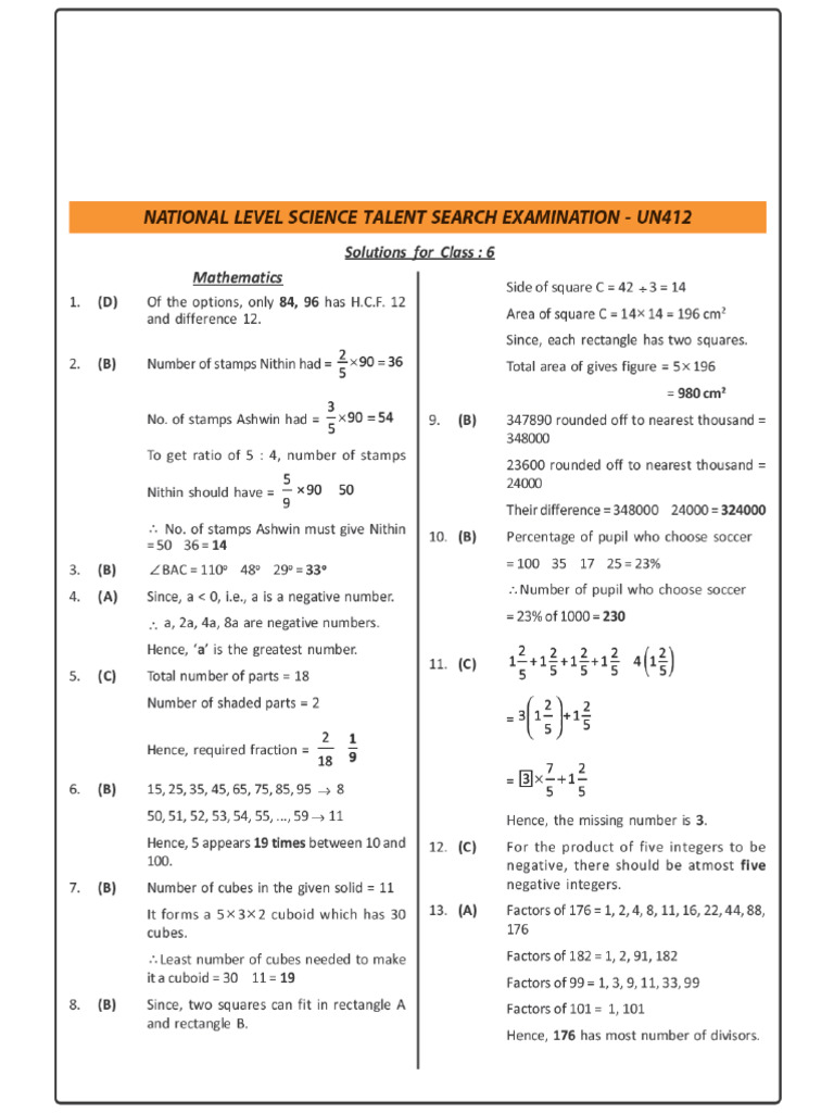 NSTSE Class 6 Solutions 2015 | PDF | Cooking, Food & Wine