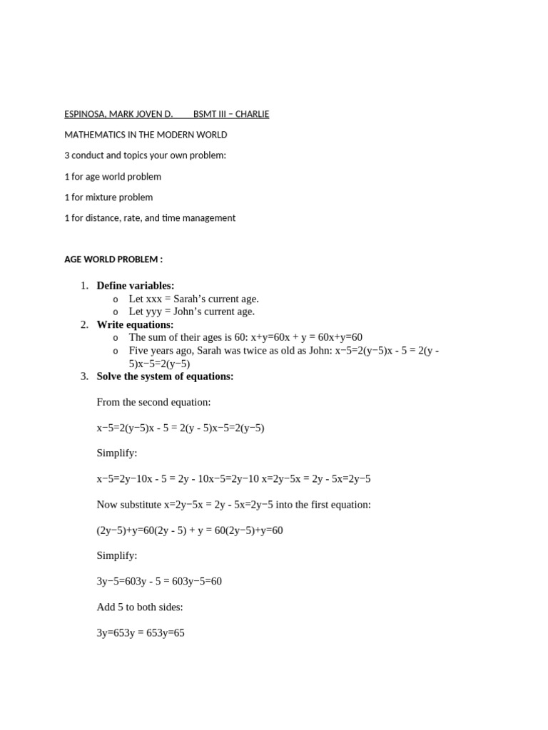 Age, Mixture, and Distance Problems | PDF | Equations | Quadratic Equation