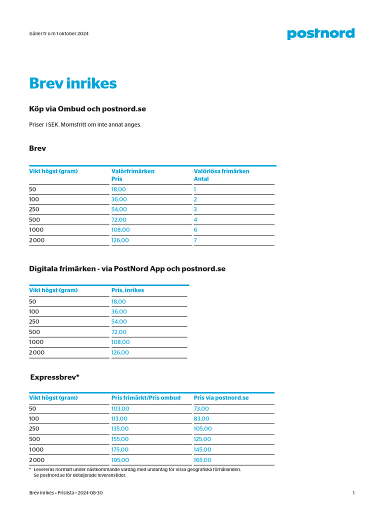 Brev - Inrikes-Prislista - Okt 2024 | PDF