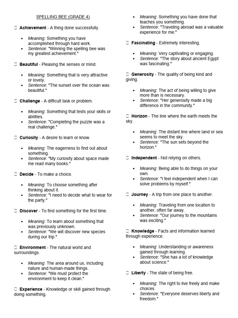 Spelling Words For Grades 4 6 | PDF | Courage | Luck