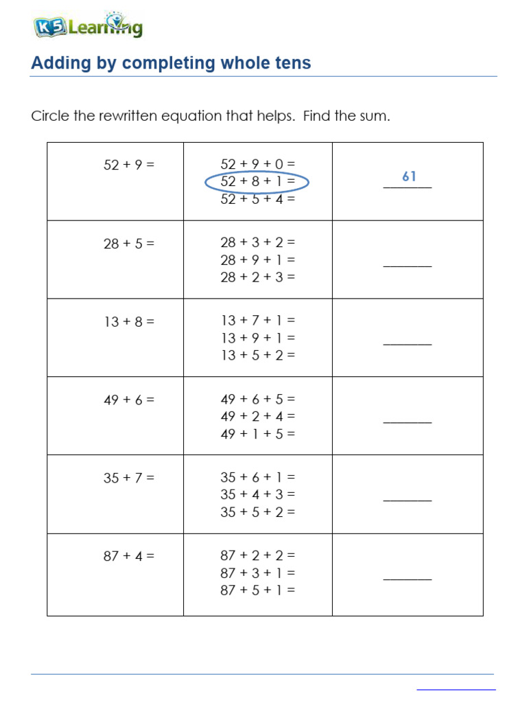 Adding by Completing Whole Tens: Grade 2 Addition Worksheet | PDF