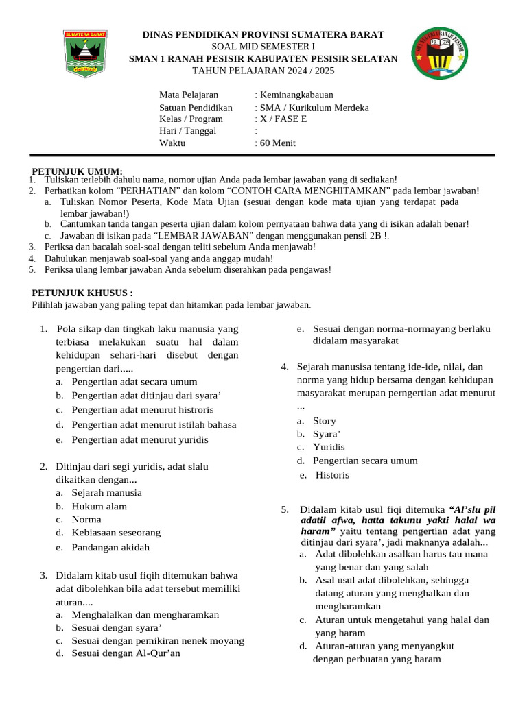 Soal Ujian Semester Genap TP.2023-2024 Keminangkabauan Arif Fase e | PDF