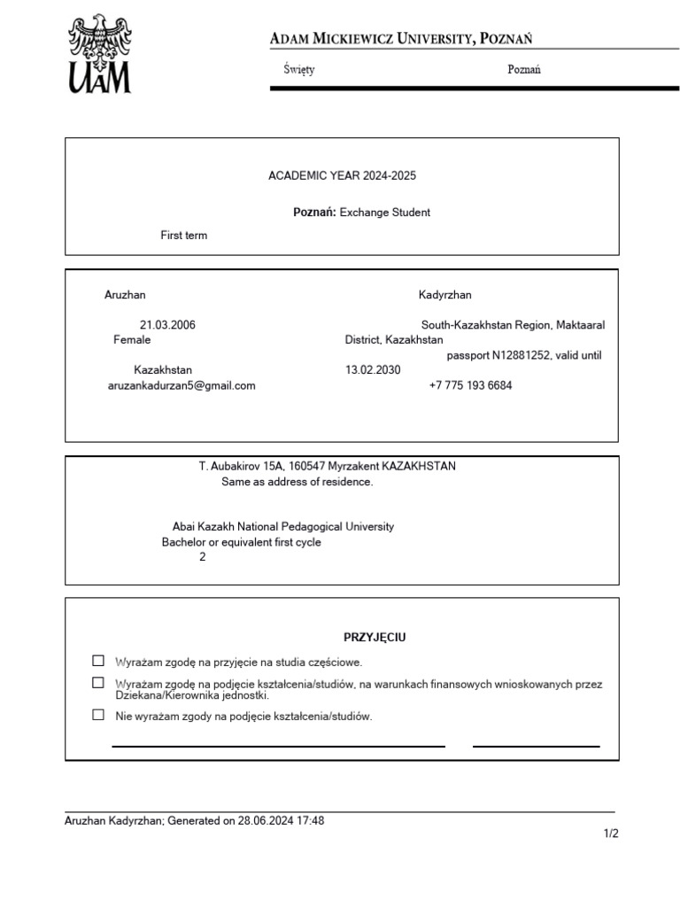 UAM Application Form Aruzhan | PDF | Human Communication