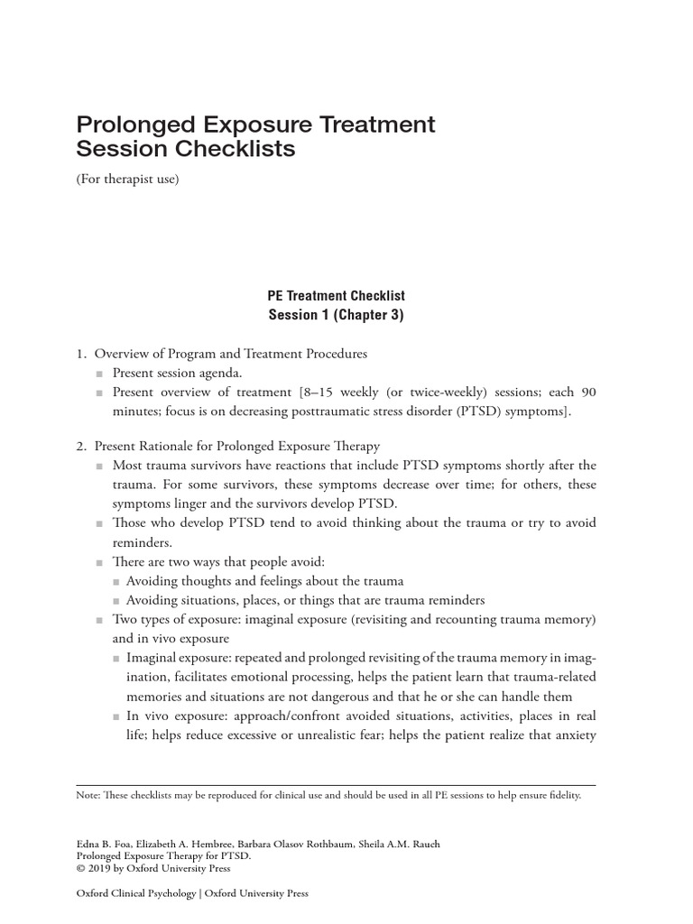 Prolonged Exposure Treatment Session Checklists | PDF | Psychological ...