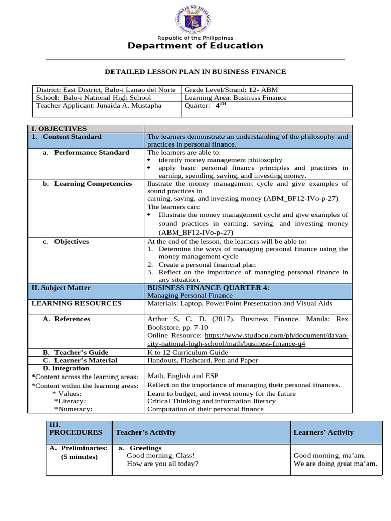 Lesson Plan For Business Finance | PDF | Taxes | Expense