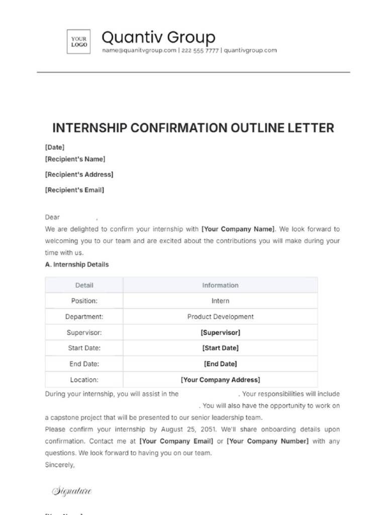 Internship Confirmation Letter Outline Template Edit Online | PDF