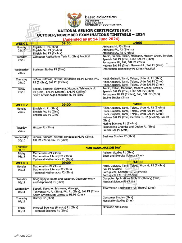 NSC Final Exam Amended Timetable 2024 | PDF