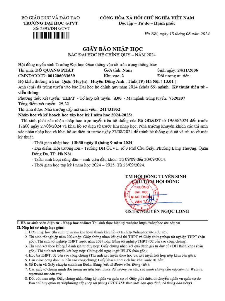 Giay Bao Nhap Hoc | PDF