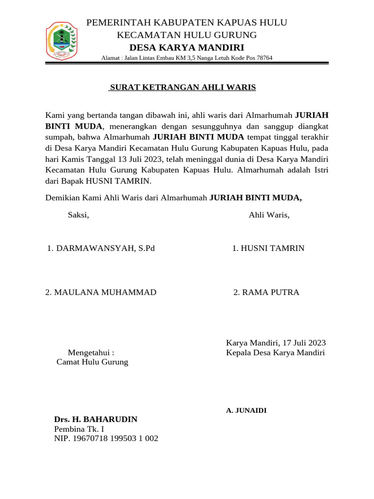 Surat Keterangan Ahli Waris Juriah | PDF