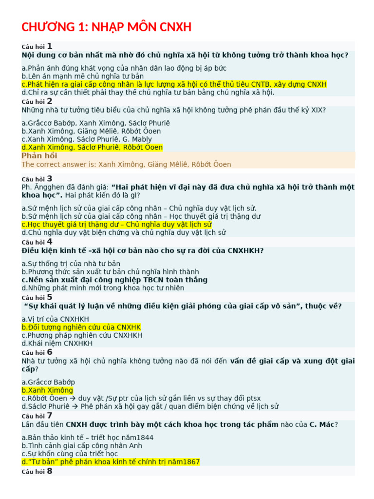 TRẮC NGHIỆM CÁC CHƯƠNG CNXH CÔ PHƯƠNG | PDF