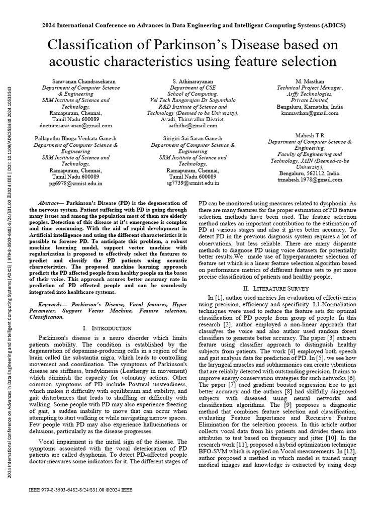 Classification of Parkinsons Disease Based On Acoustic Characteristics Using Fea | PDF | Machine ...