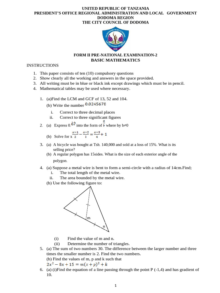 Basic Maths f2 Pre Necta 2 | PDF | Geometry | Euclidean Geometry