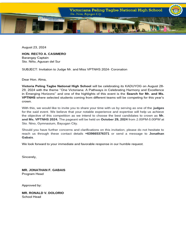 Invitation to Judge VPTNHS Pageant | PDF