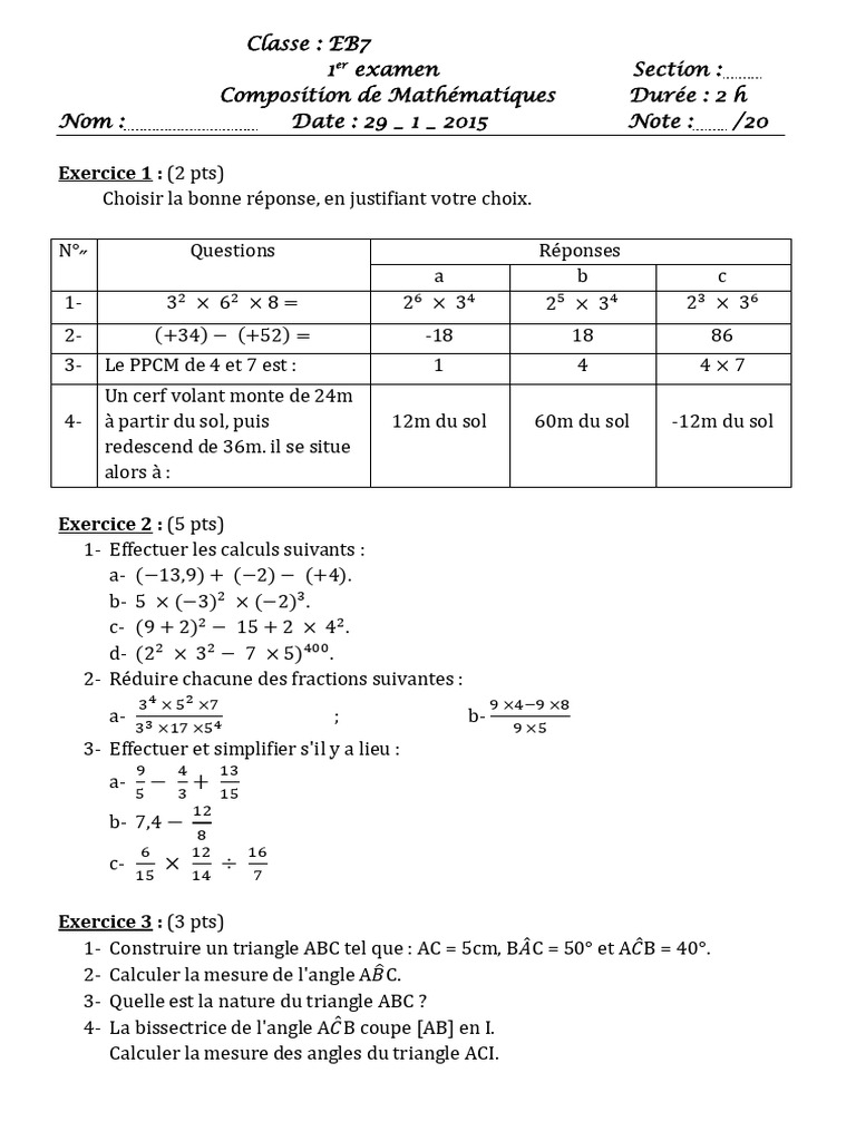 Examen de Mathématiques EB7 | PDF | Triangle | Mathématiques