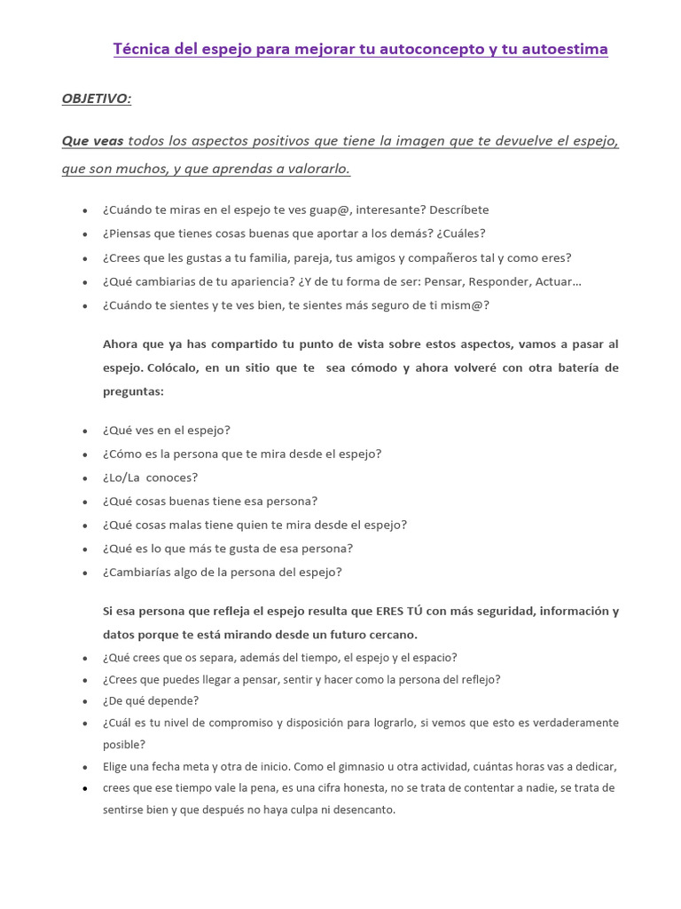 Técnica Del Espejo para Mejorar Tu Autoconcepto y Tu Autoestima | PDF