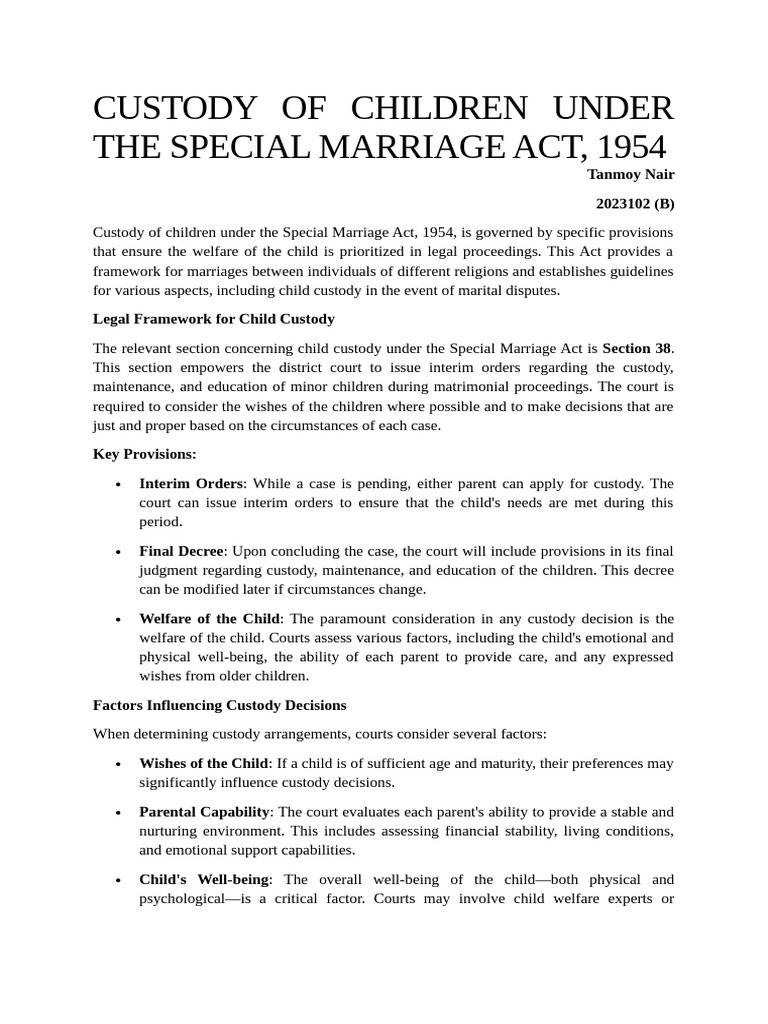 Custody of Children Under The Special Marriage Act | PDF | Child ...