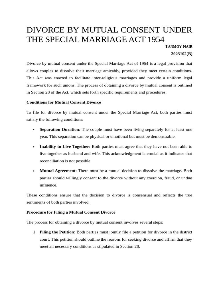 Mutual Consent Divorce: Special Marriage Act | PDF | Divorce | Marriage