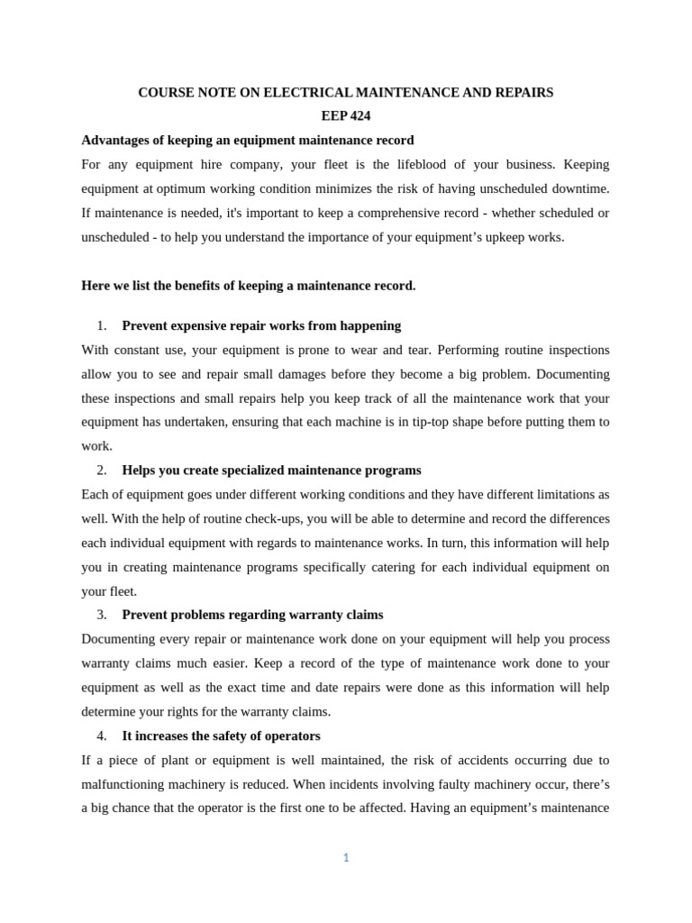Equipment Maintenance Record Keeping | PDF
