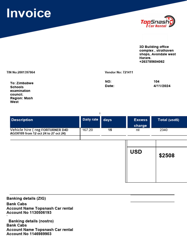 Invoice: Vehicle Hire (Reg | PDF