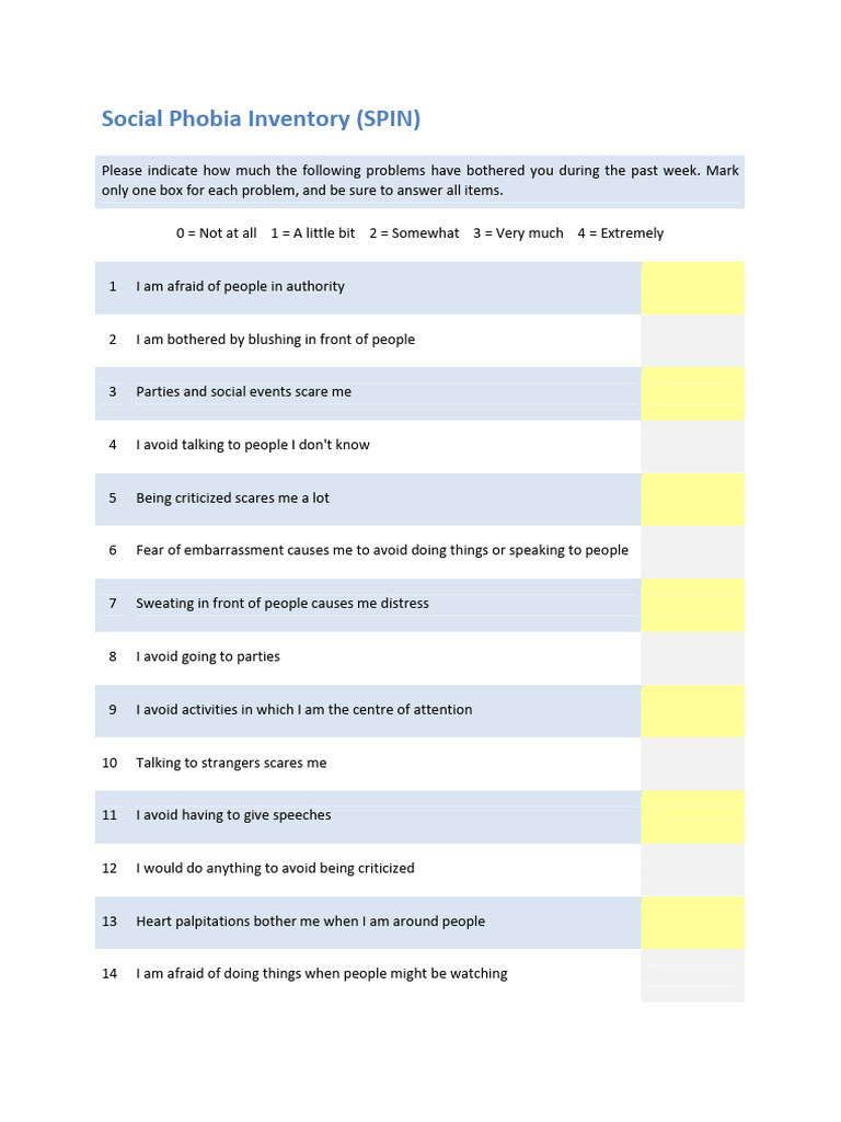 Social Phobia Inventory (SPIN) Form | PDF | Self-Improvement