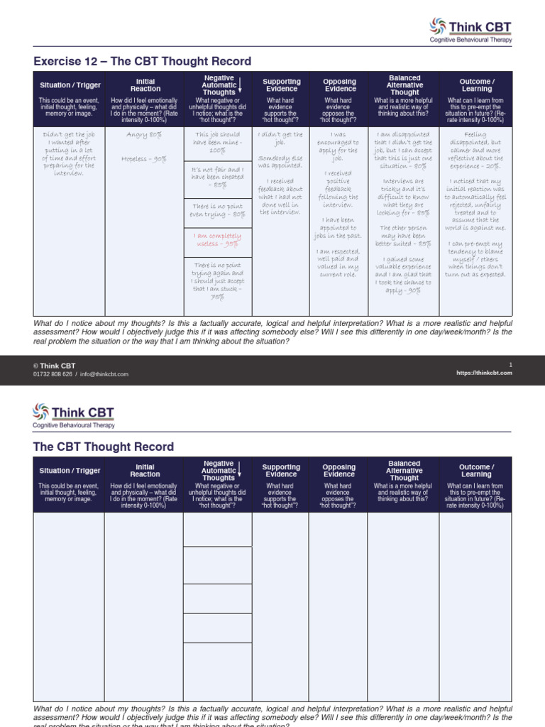 Think CBT - Exercise 12 CBT Thought Record v10 | PDF | Thought ...