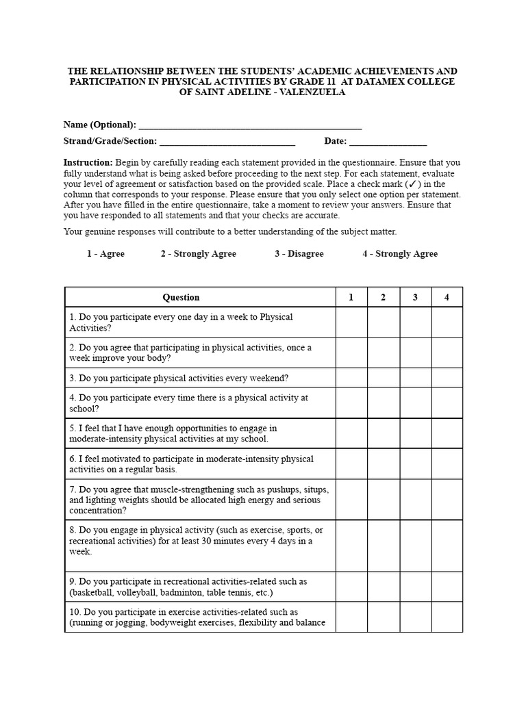Questionnaire (2) | PDF | Physical Education | Psychology