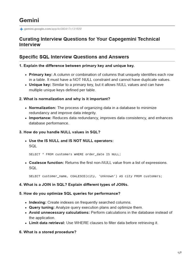 Capgemini SQL Interview Guide | PDF | Internet Protocol Suite | Databases