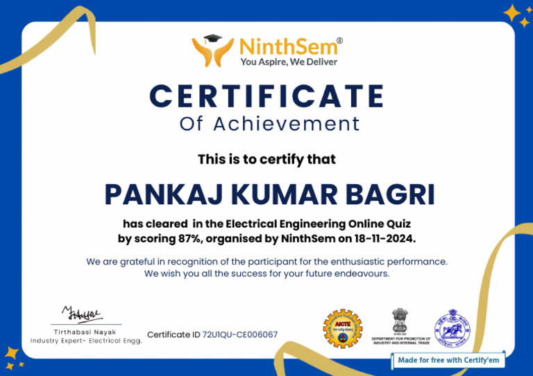 Certificate For PANKAJ KUMAR BAGRI For "Electrical Engineering Onli... " | PDF
