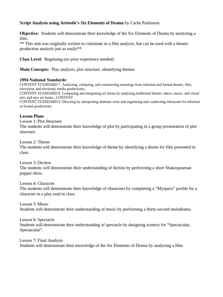 Play Analysis Using Aristotles Six Elements of Drama Unit of Lessons ...