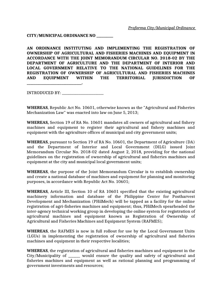 Proforma City - Municipality Ordinance | PDF | Agriculture