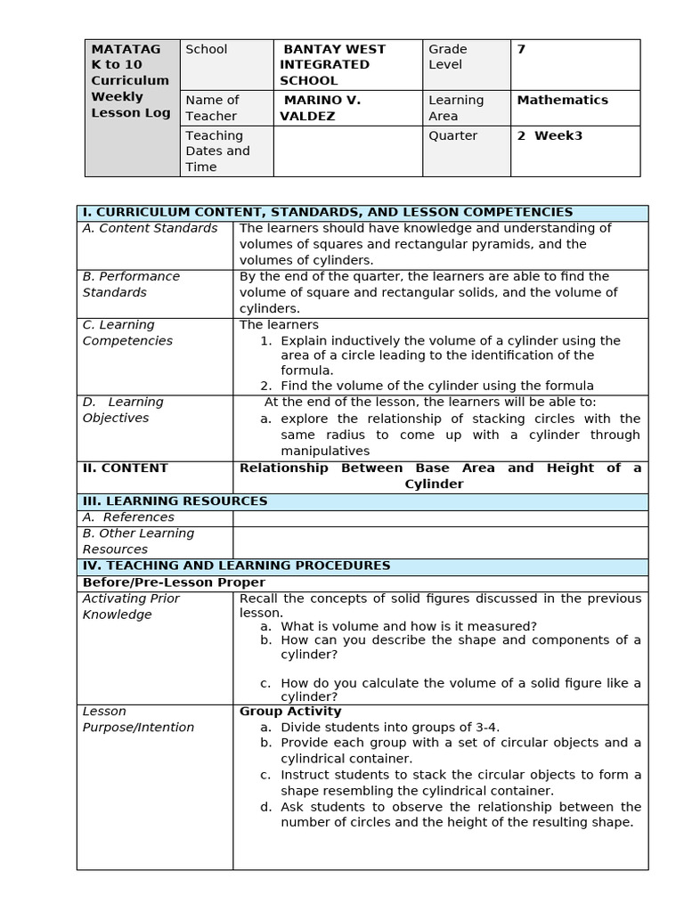 Lesson Plan-Math7-Q2-Wk3-Day2 | PDF | Area | Volume