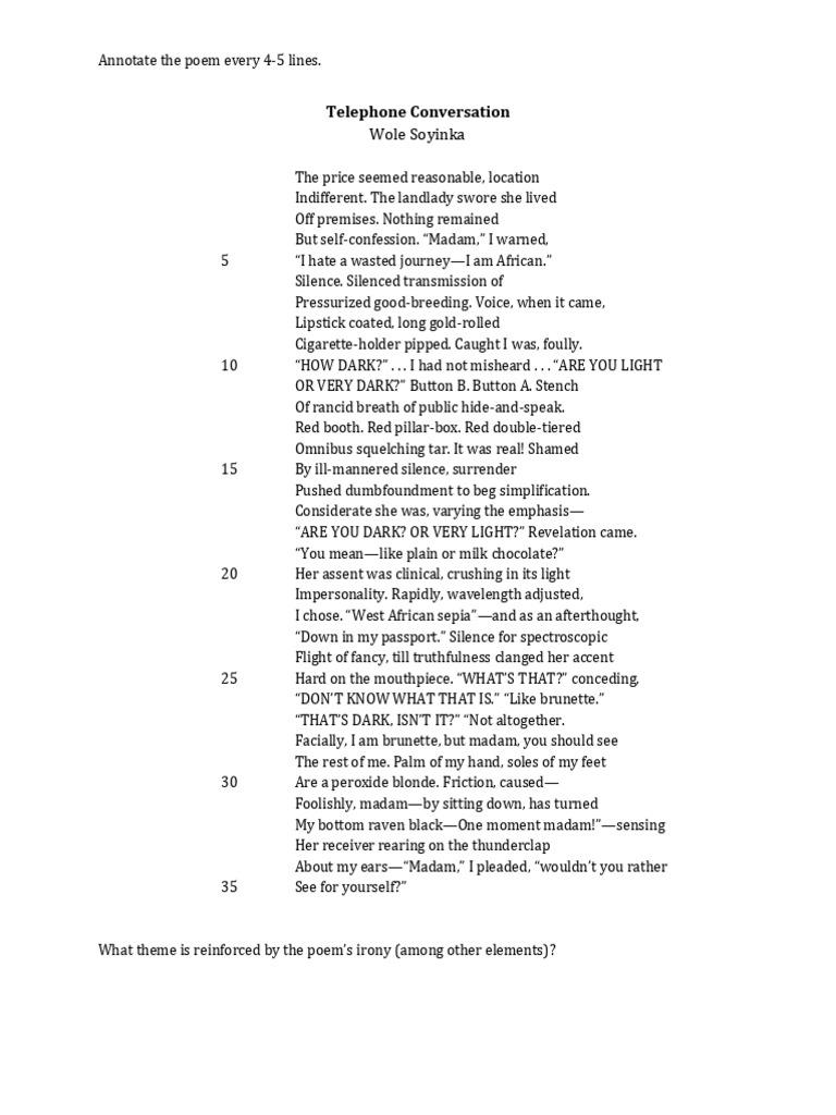 Telephone Conversation Wole Soyinka | PDF | Poetry | General Fiction