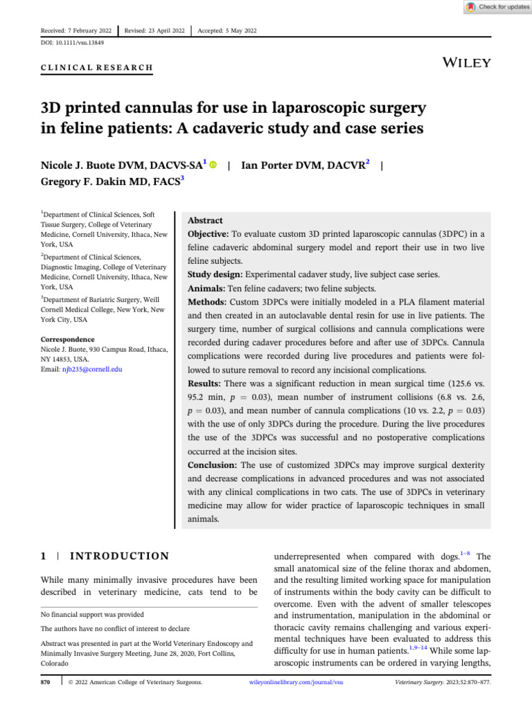 3D Printed Cannulas For Use in Laparoscopic Surgery in Feline Patients: A Cadaveric Study and ...