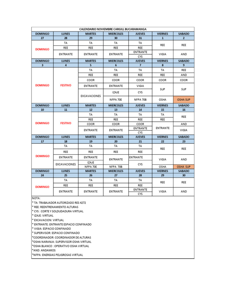 Calendario Noviembre Buc | PDF