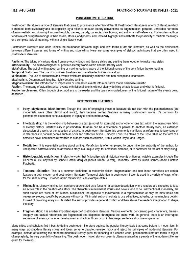 Postmodern Literature | PDF | Postmodern Literature | The Arts